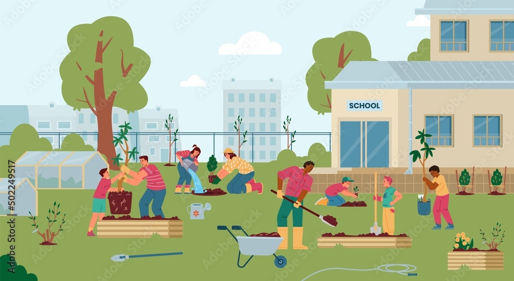 Teachers and children planting trees and bushes in the school backyard ...