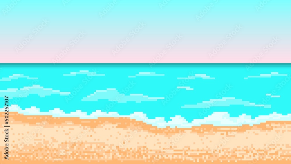 Tropical pixel beach with surf. Seascape with blue sky and glow of ...