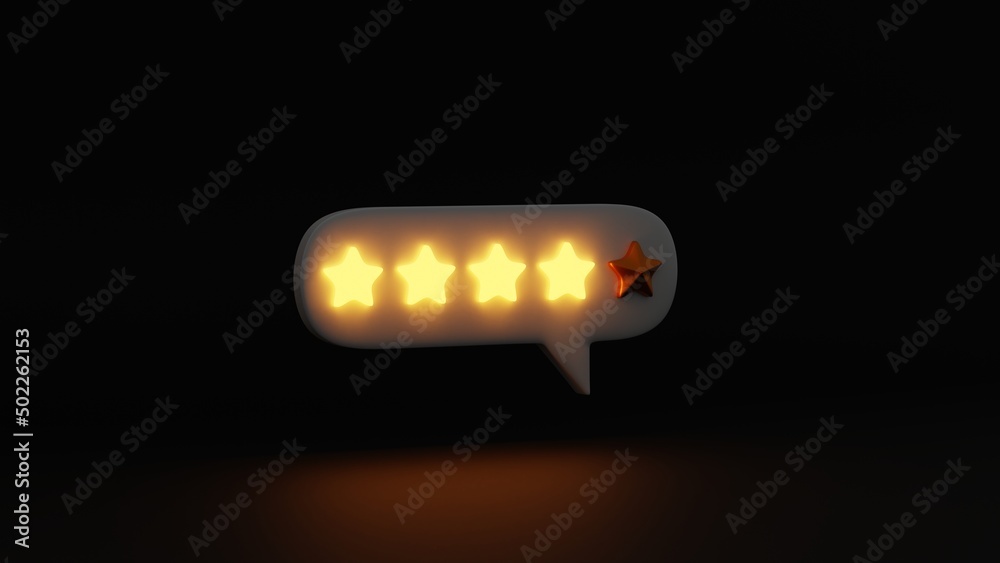 White icon of dialogue with gold stars of the rating. Black background ...