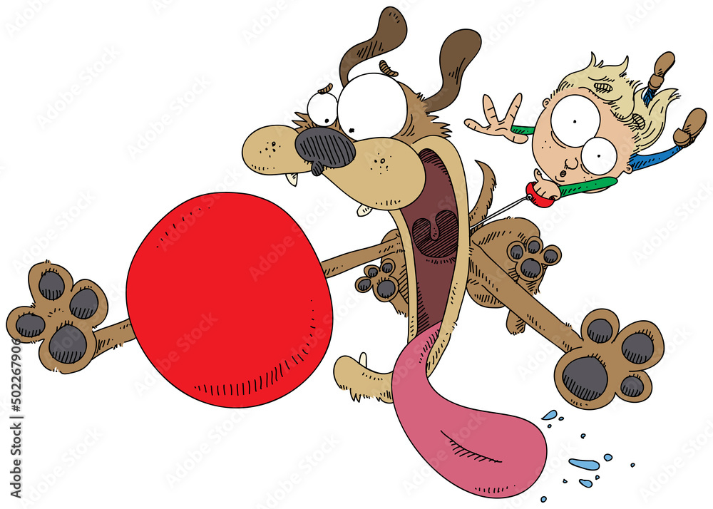 An excited cartoon dog chasing a big red ball while towing a startled ...