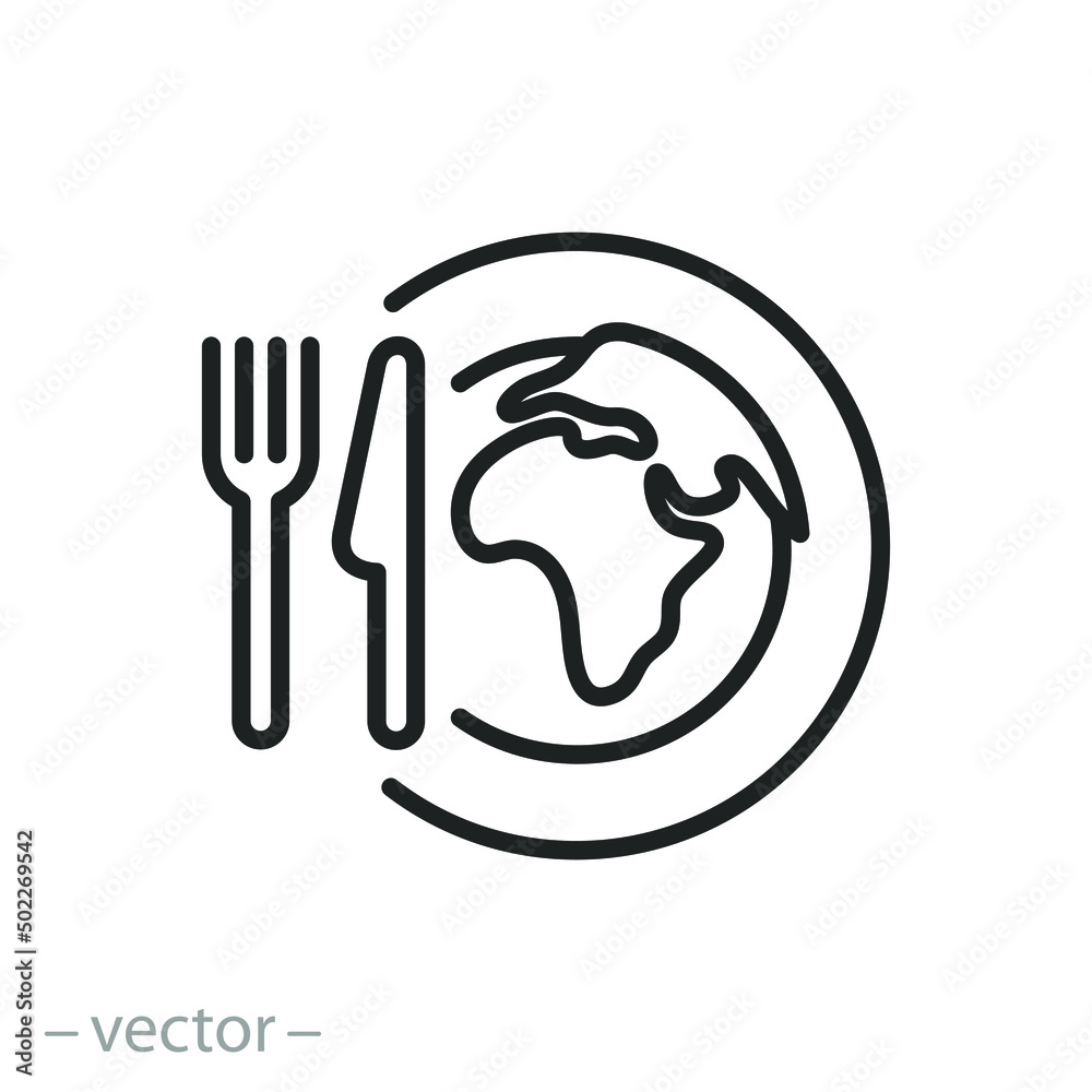 food on earth icon, globe and fork with knife, concept world hunger ...