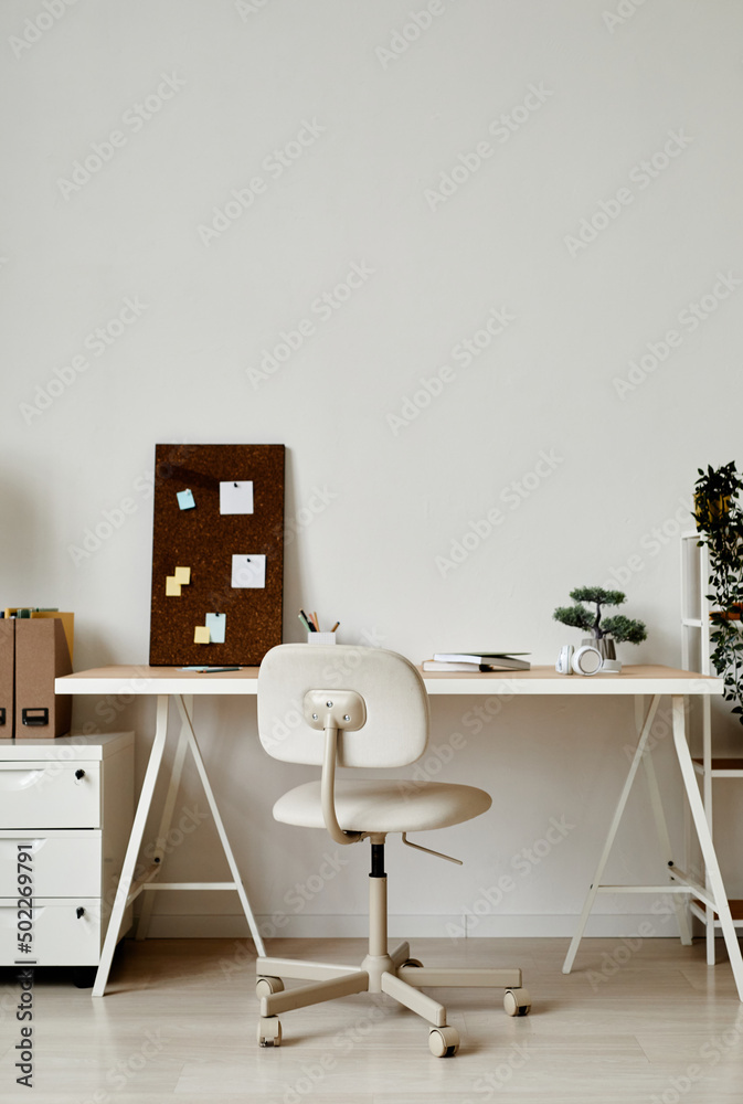 Vertical background of simple home office workplace in white with ...