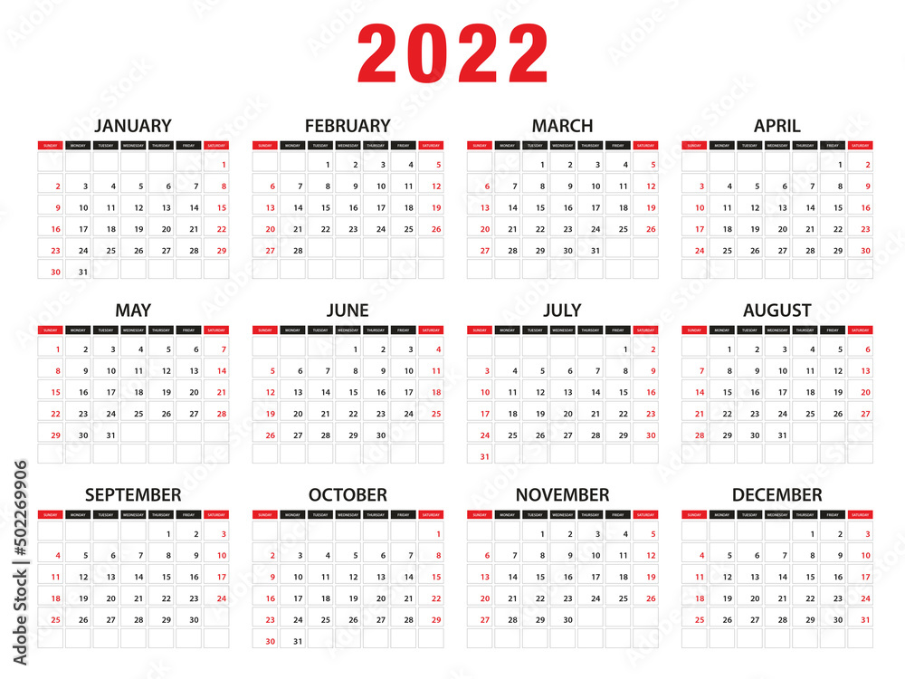 2022 Calendar year vector illustration. week starts on Sunday, Simple ...