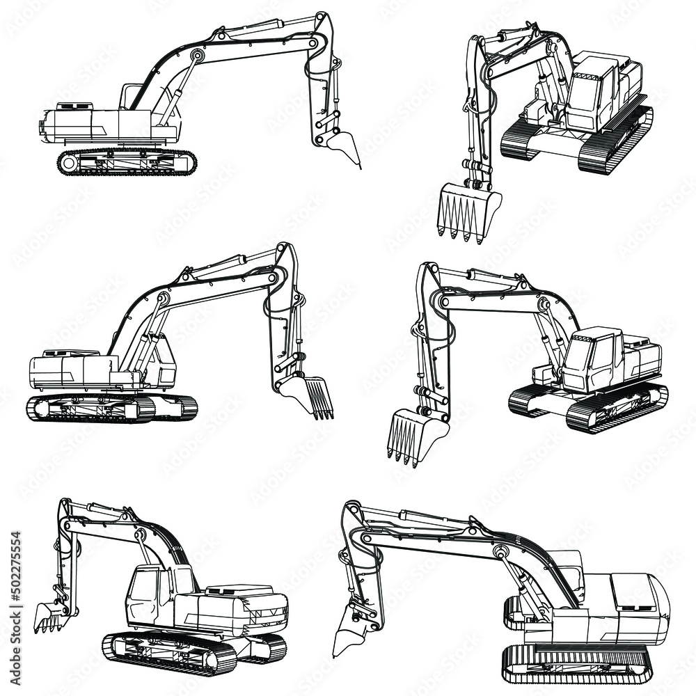 Outline drawing of excavator on white background. Diesel digger ...
