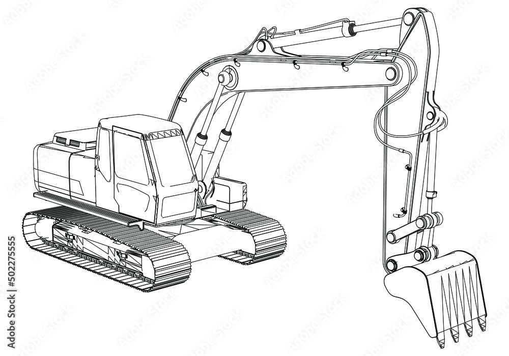 Outline drawing of excavator on white background. Diesel digger ...