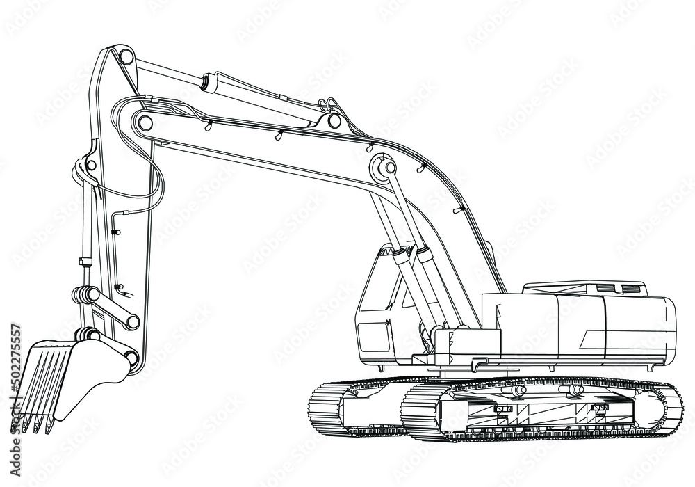 Outline drawing of excavator on white background. Diesel digger ...