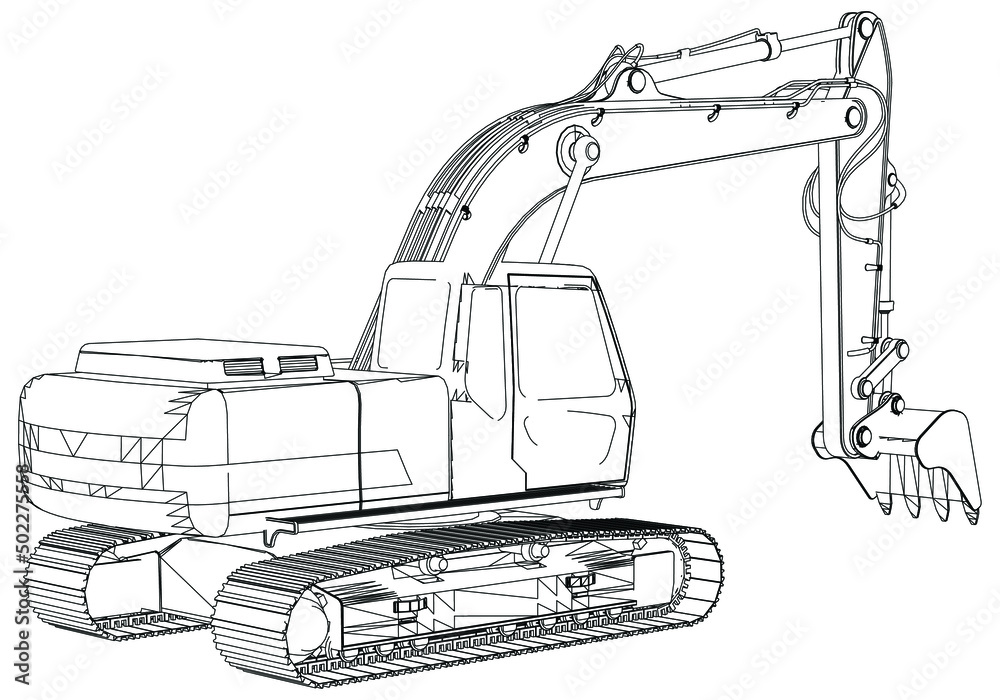 Outline drawing of excavator on white background. Diesel digger ...