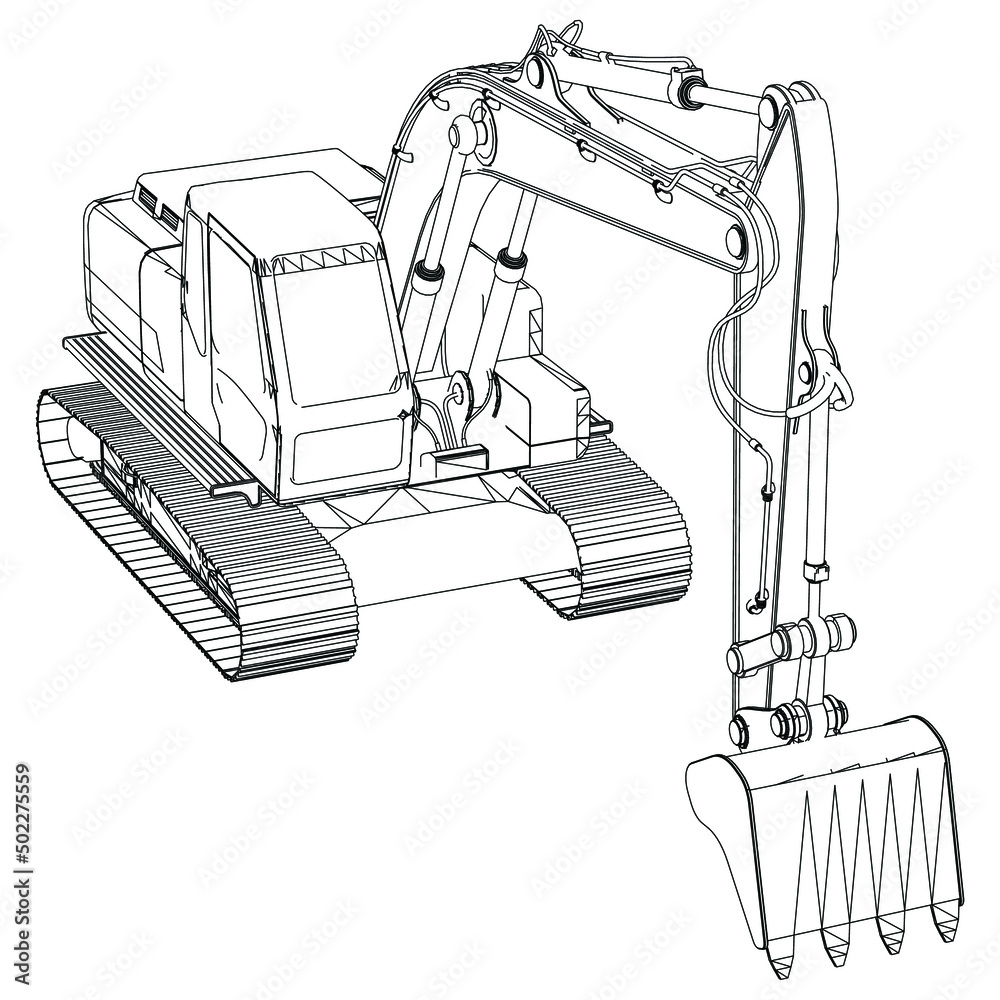 Outline drawing of excavator on white background. Diesel digger ...