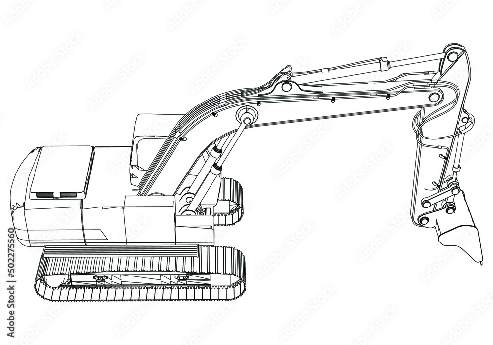 Outline drawing of excavator on white background. Diesel digger ...