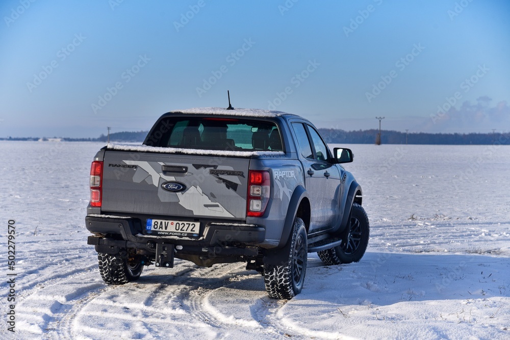 Ford Ranger Raptor. Successful Pick-up in the snow. General rear view ...