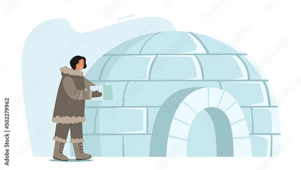 Eskimo Female Character Building Igloo Making House of Ice Blocks ...
