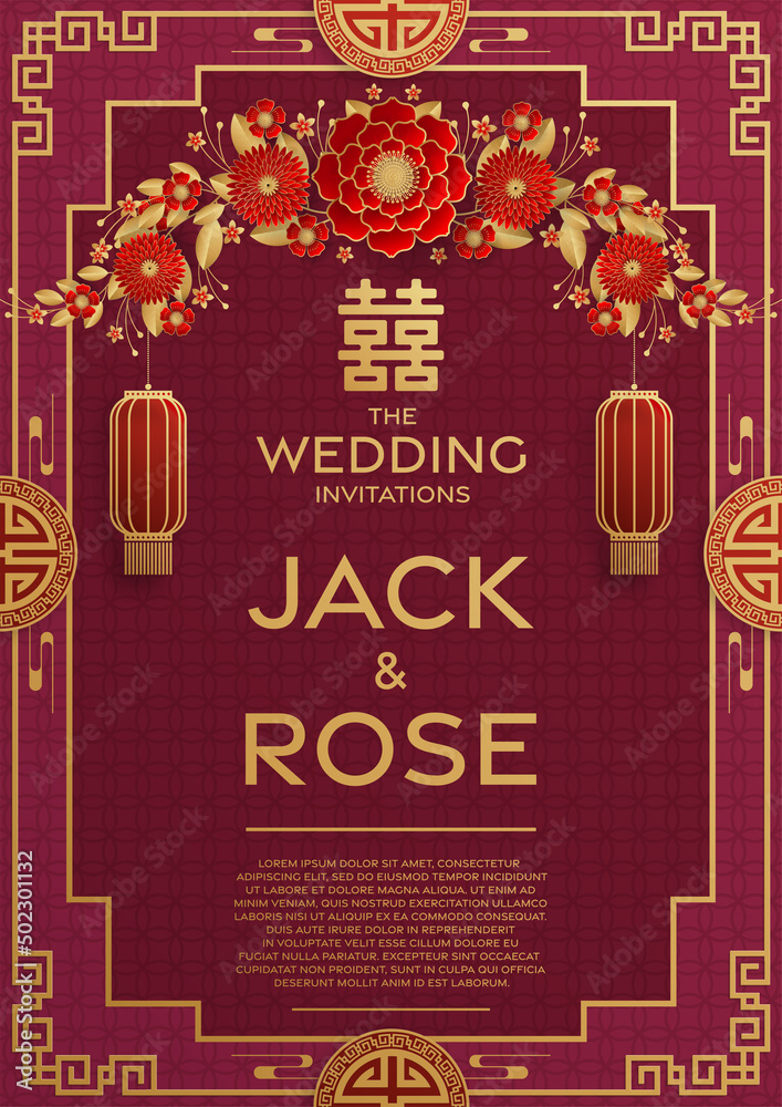 Chinese wedding traditional card with red and gold background ...