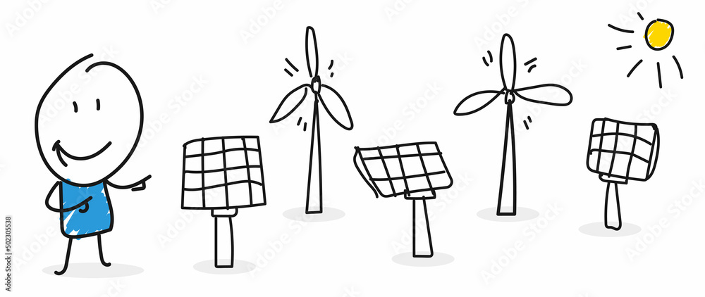 stickman cartoon present solar panel green energy with sun rising Stock ...