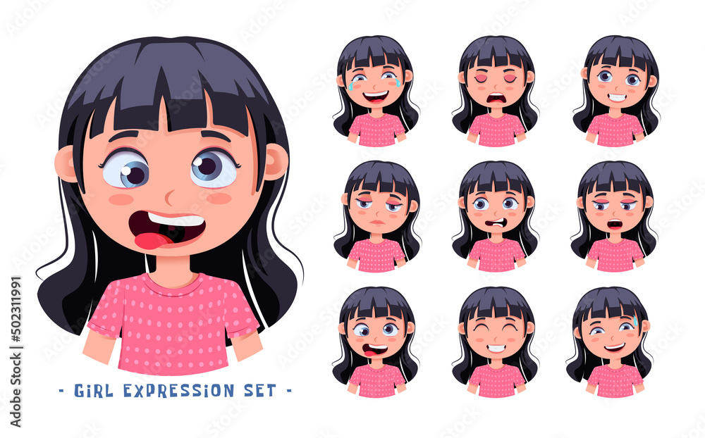 Student girl vector character set. Female students expression in funny ...