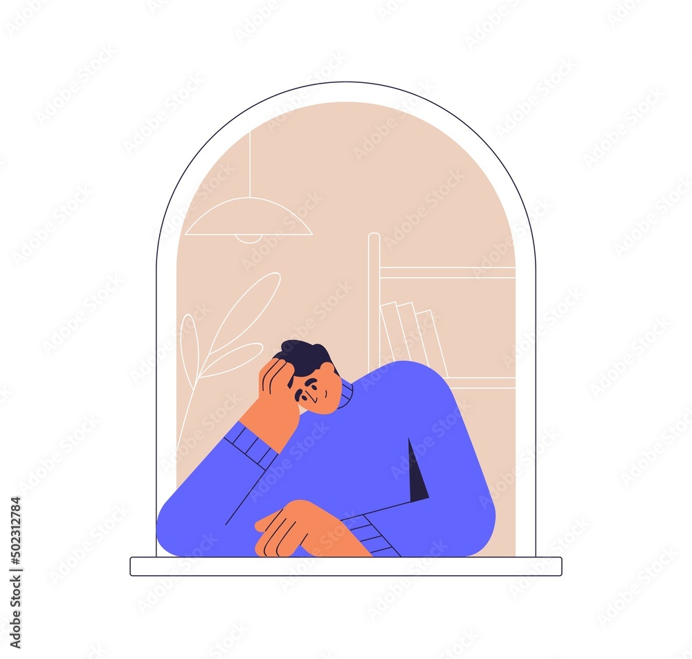 Person looking outside out of open arc window of home. Man staying ...