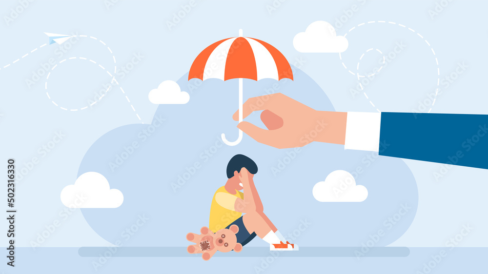 Protect children from danger. Child protection concept. Little boy ...