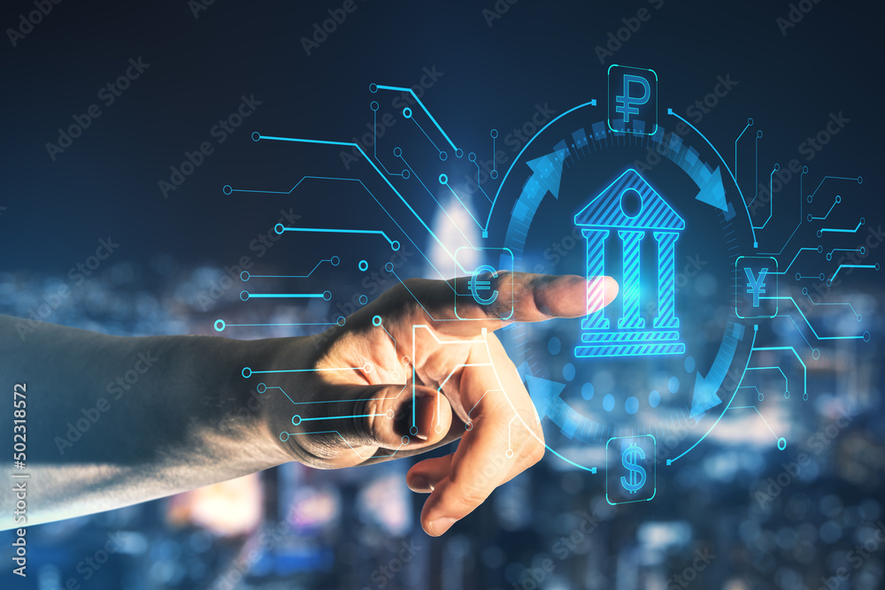 Online banking and digital money concept with man finger on virtual ...
