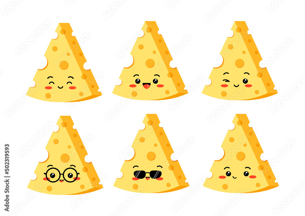 Triangle cheese with hole slices emoji vector set isolated on white ...