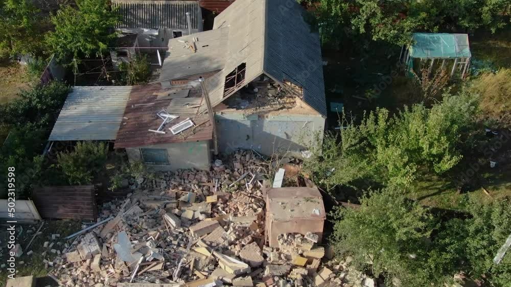 Destroyed residential private house due to explosion. The collapse of a ...