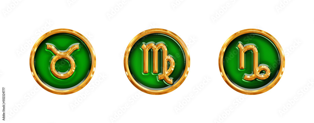 Zodiac signs. Gold icons set with astrology symbols in round frames for ...