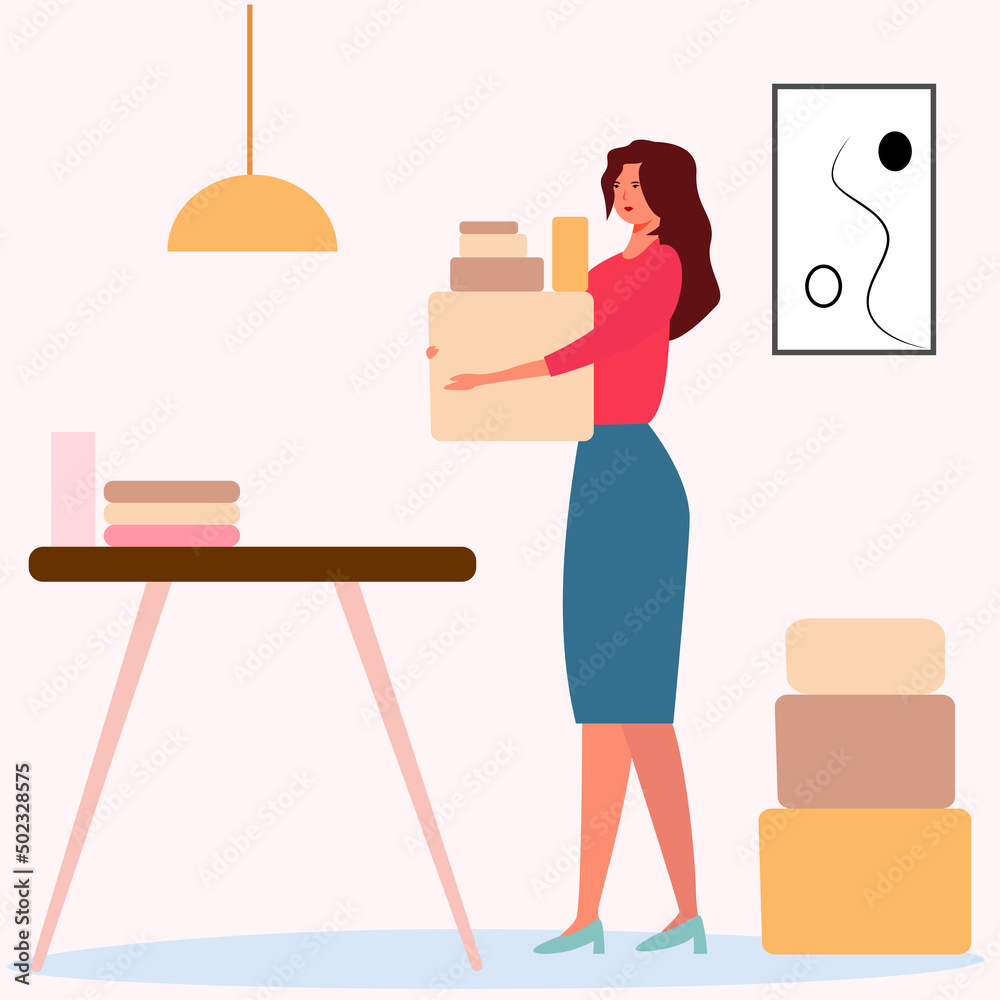 Lovely cartoon woman in the office carries boxes. Vector illustration ...