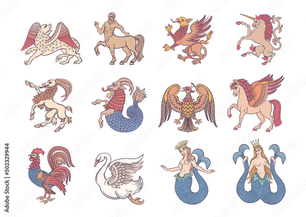Vetor de Heraldic mythical animals and creatures. Traditional character ...