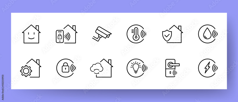 Smart house set icon. Home, WiFi, CCTV camera, temperature, moisture ...