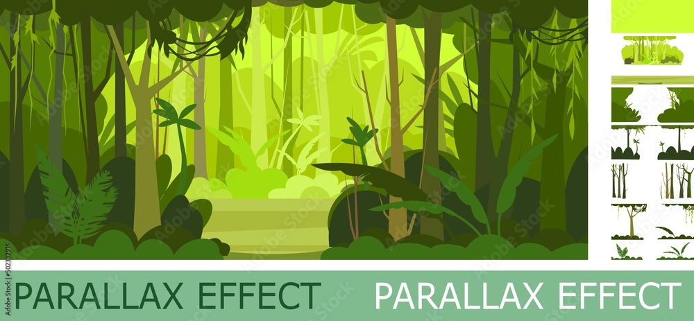 Jungle illustration with parallax effect. View on glade. Dense wild-growing tropical plants with ...