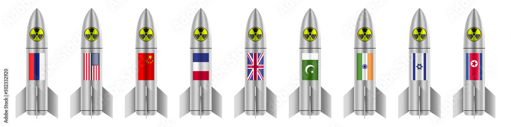 Atomic bombs with flags of nuclear states, vector illustration ...