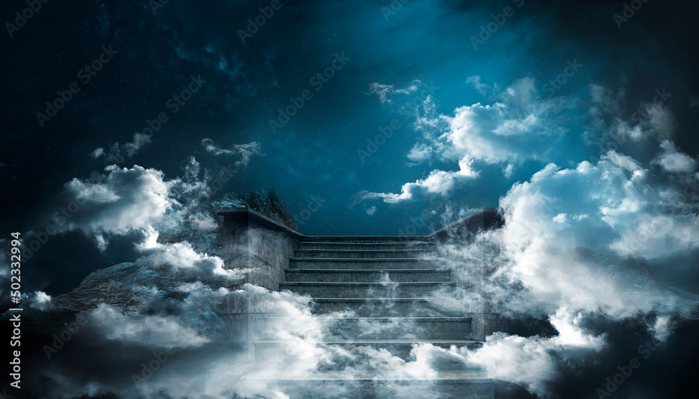 Staircase to the top. Night dramatic scene with stairs and clouds ...