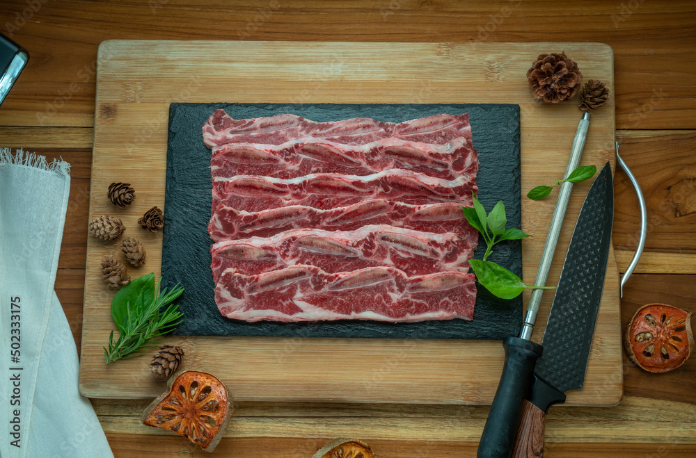 Beef Short Ribs (Sliced) Bone-in on wooden background.Cross Cut Short ...