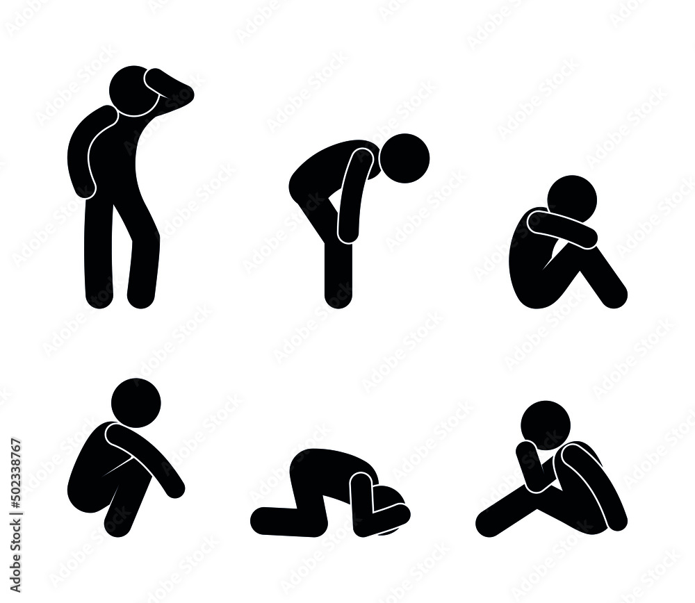 Vetor de man tired, resting people sitting, icon set, stick figure ...