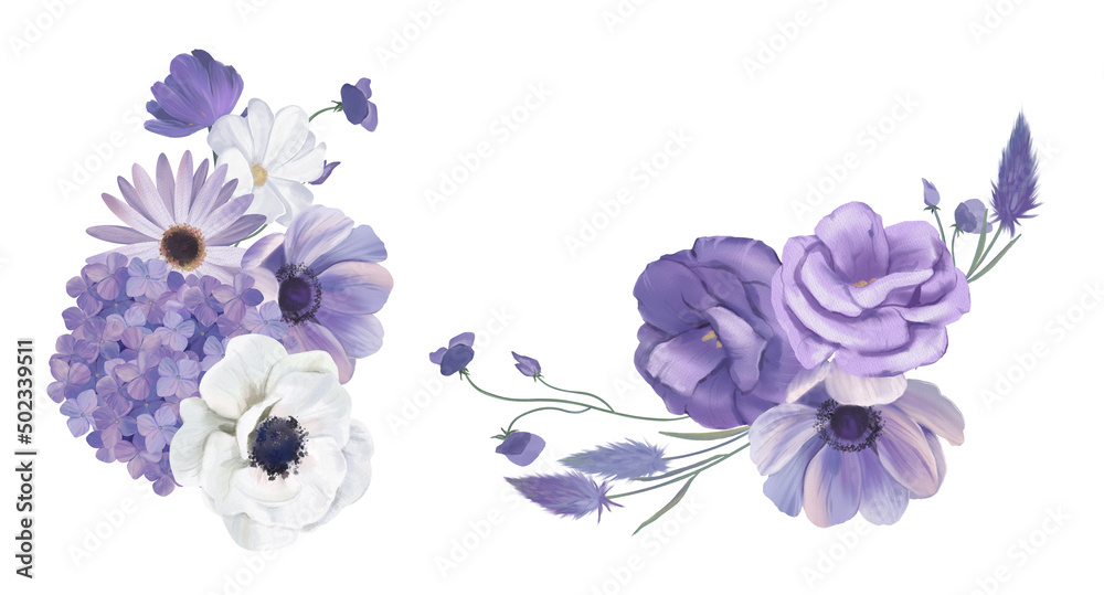 Purple watercolor flowers, bouquets isolated on white background Stock ...