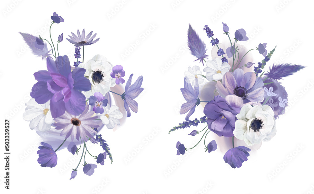 Purple watercolor flowers, bouquets isolated on white background Stock ...