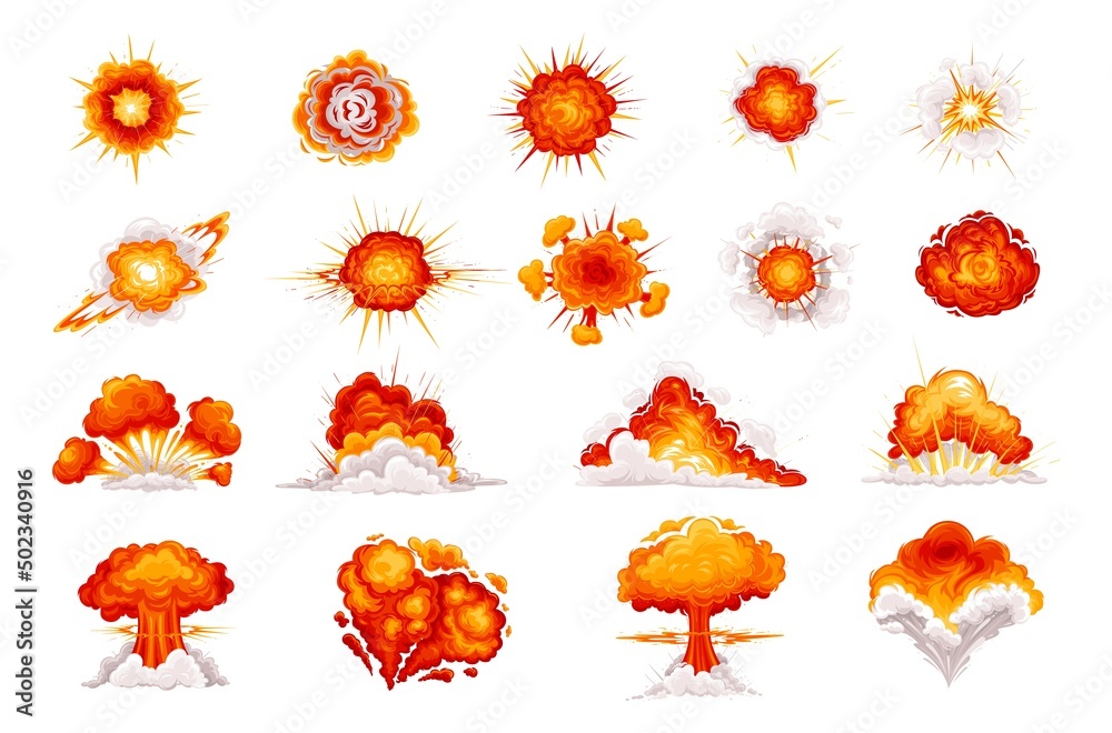 Bomb explosion and fire bang in cartoon cartoon. Red explode of bomb ...