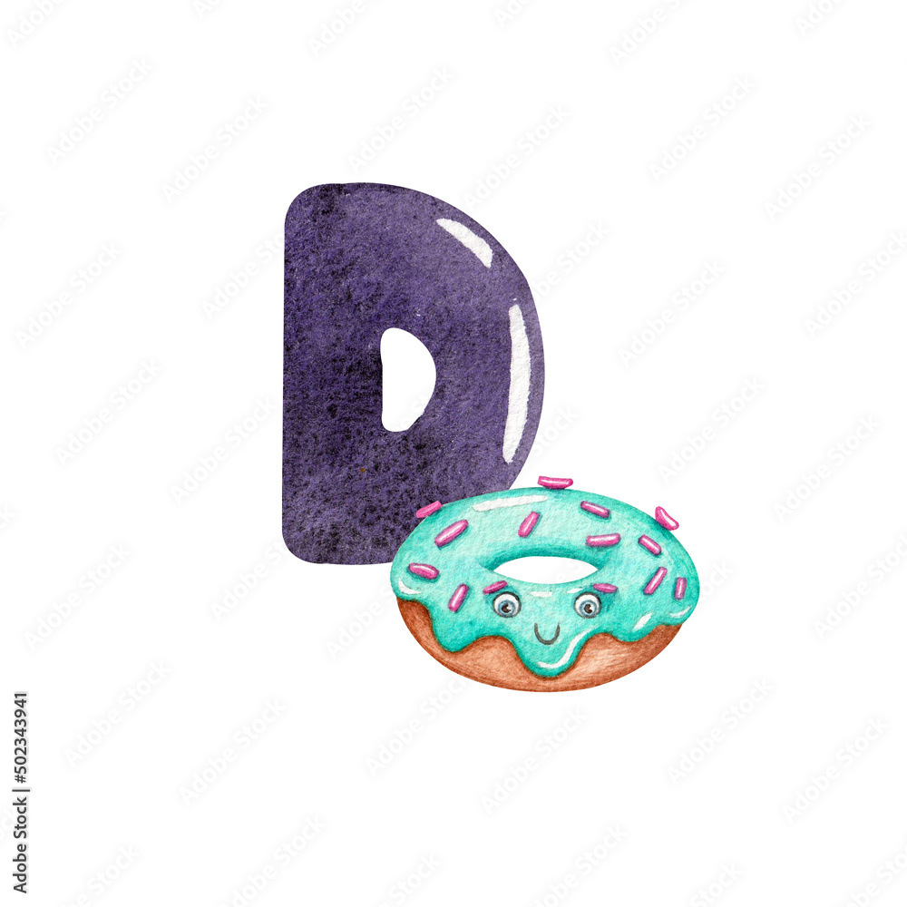 Purple letter d with a donut on a white background. Watercolor ...