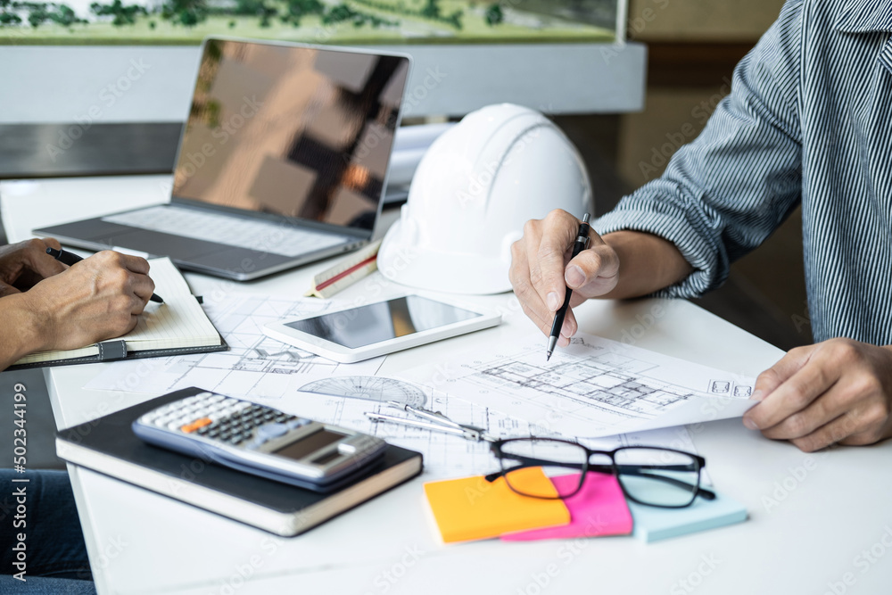 Architecture Engineer Teamwork Meeting, Drawing and working for ...