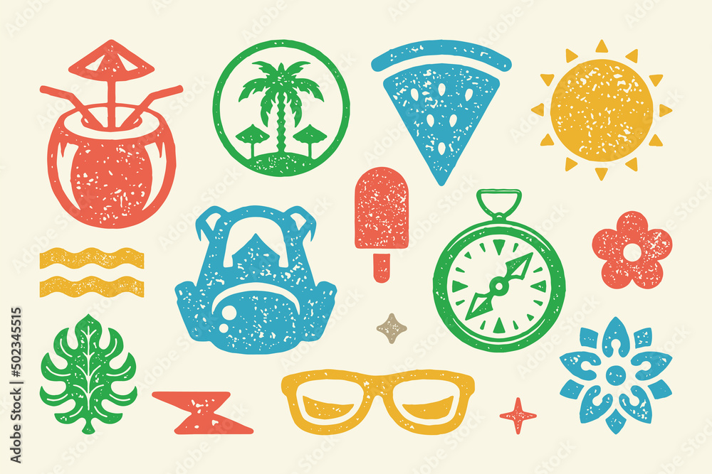 Summer symbols and objects set vector illustration. Tropical island ...