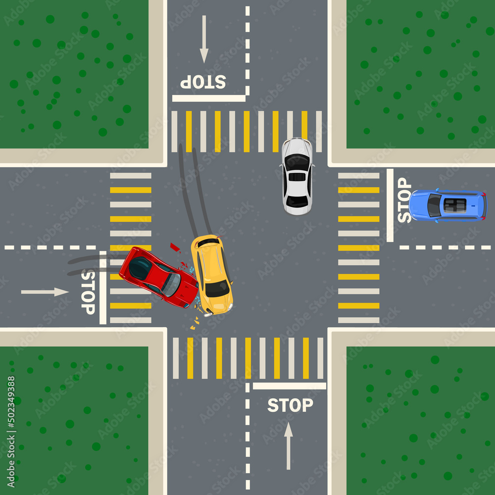 Road accident between two cars. Crash on city crossroad top view ...