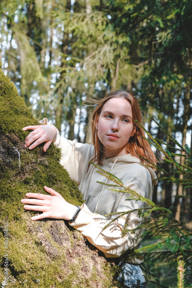 woman love nature hugging a pine tree, no deforestation concept and ...