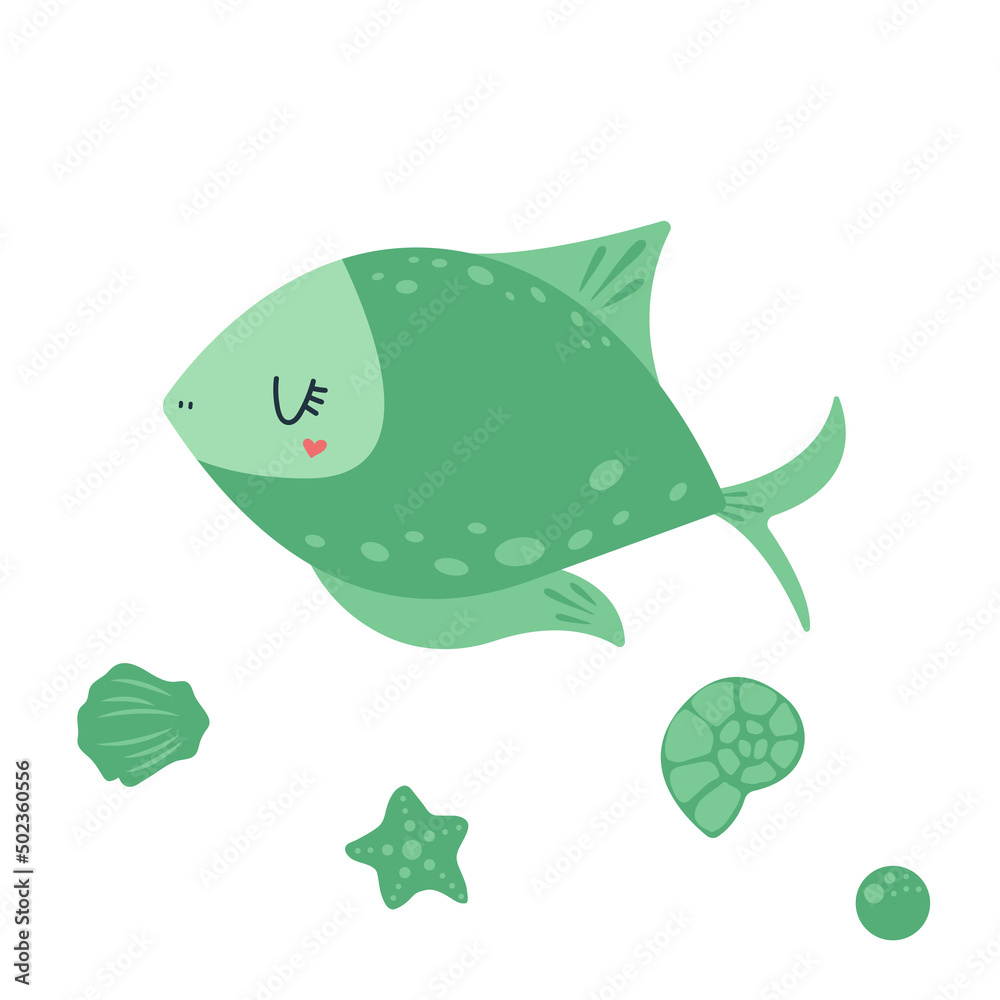Vector illustration of a green fish. Cartoon marine character. Fish ...