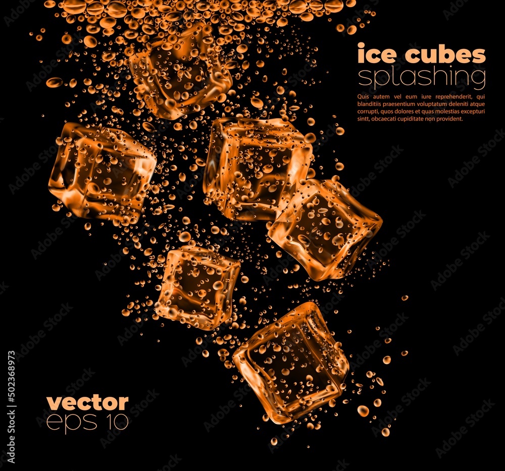 Ice cubes in whiskey, cognac or rum, bourbon and brandy alcohol ...