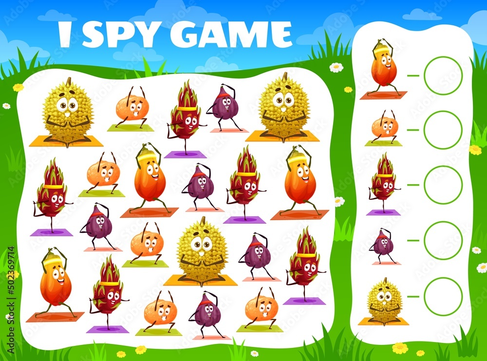Kids i spy game worksheet with cartoon fruit characters in yoga poses ...