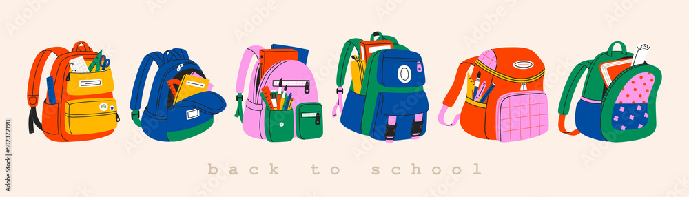 Set of different school backpack and schoolbag. Collection of colorful ...