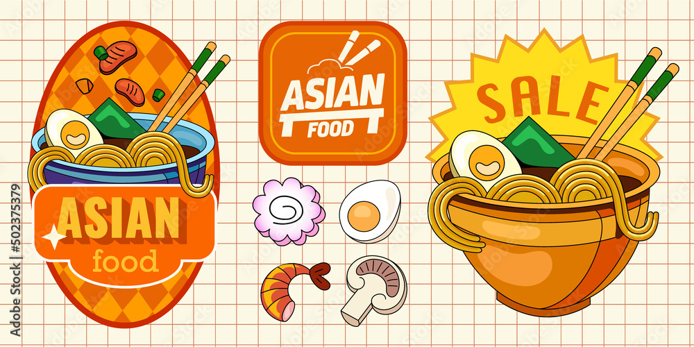 Set of stickers with asian cuisine. Logo in asian style and food ...