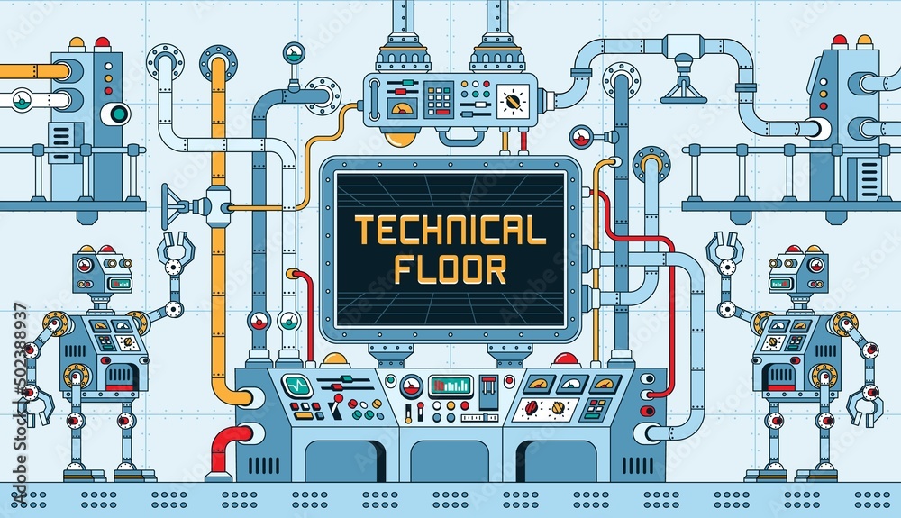 Technical room with control panels pipes and screen. Steampunk ...