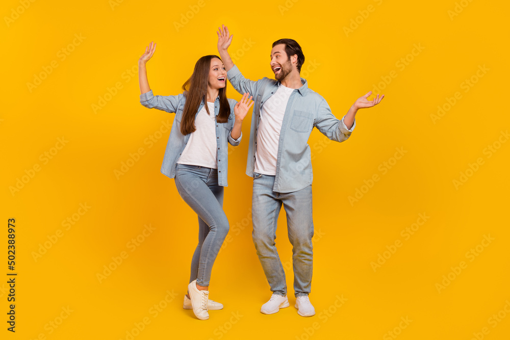 Full length body size view of attractive carefree cheery people dancing ...