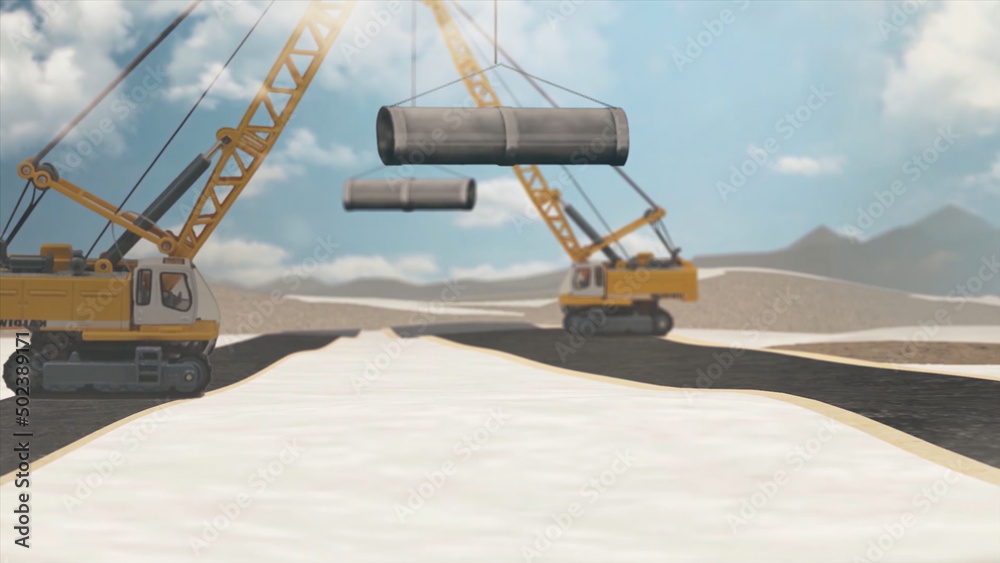 Construction work on the pipe laying of the pipeline into the trench ...