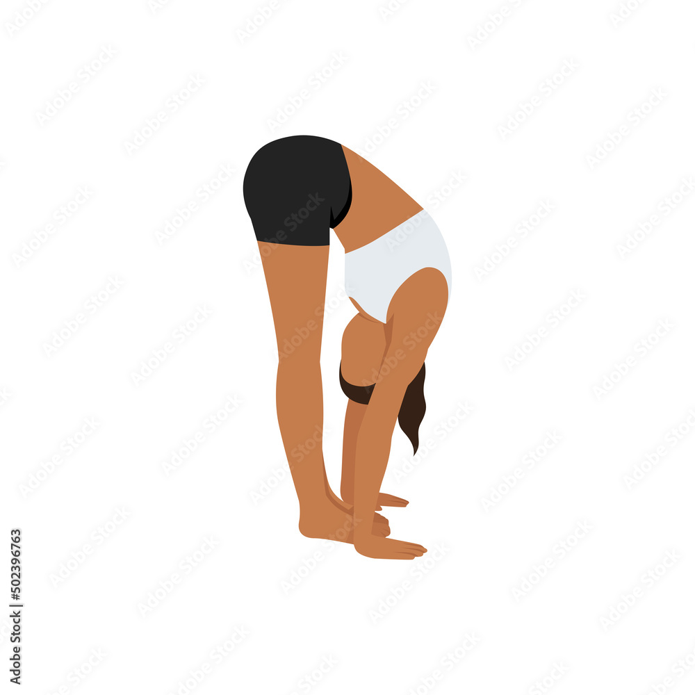 Woman doing standing forward bend pose uttanasana exercise. Flat vector ...