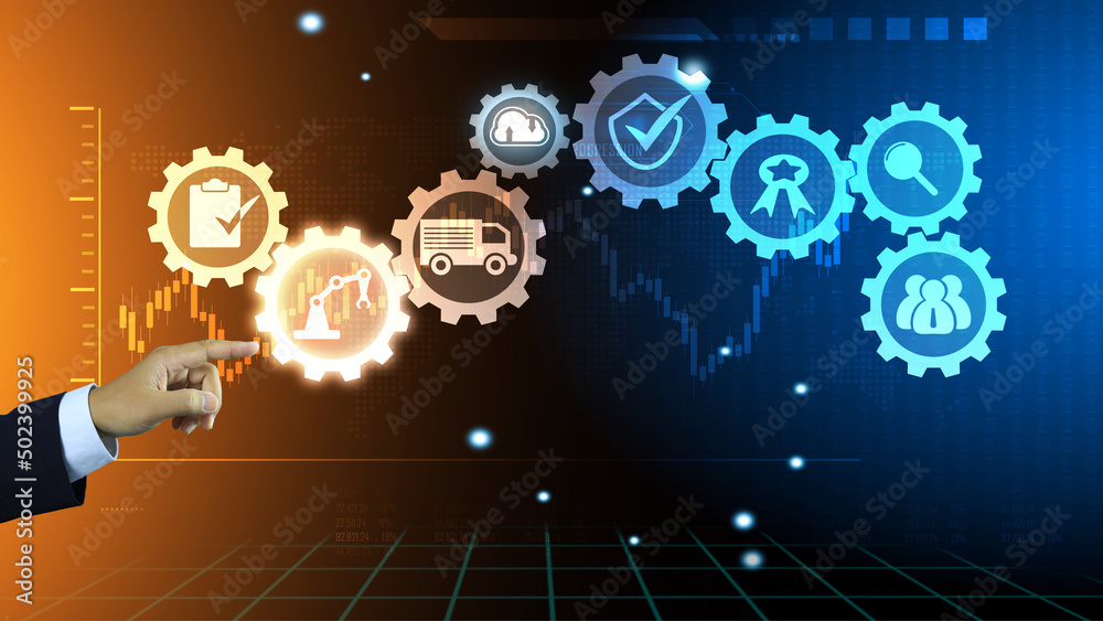 Businessmen reach out hands to activate the work production system of ...